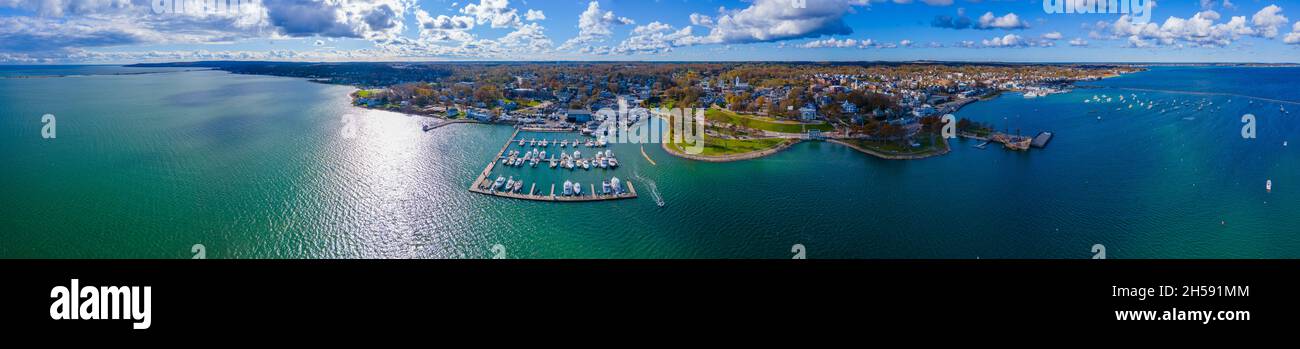 Plymouth Bay and Plymouth Village Historic District panoramic aerial ...