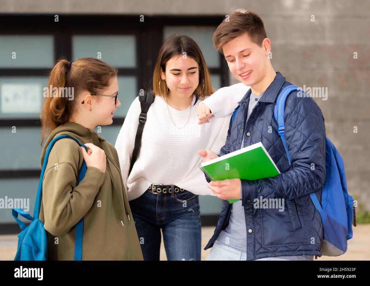 Teenage students talking outside between lessons Stock Photo - Alamy