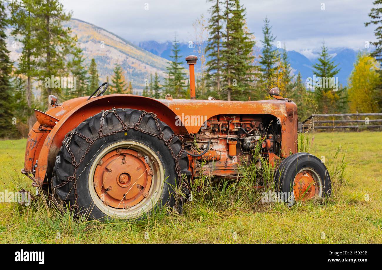 An old orange retro tractor in a field in the beautiful landscape at ...
