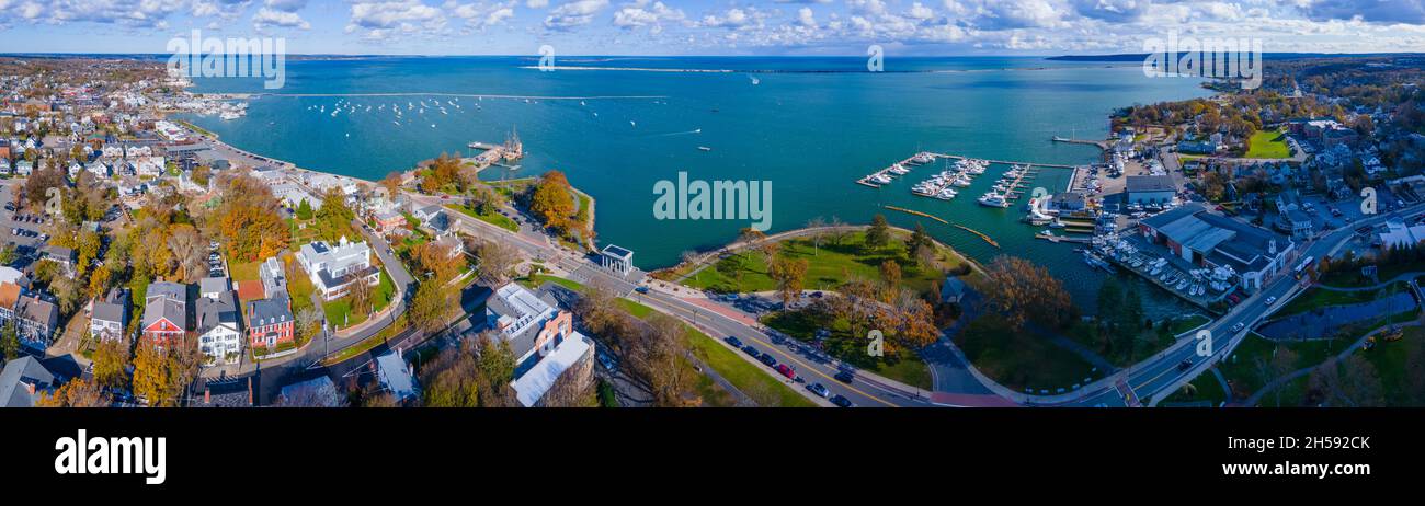 Plymouth Bay and Plymouth Village Historic District panoramic aerial ...