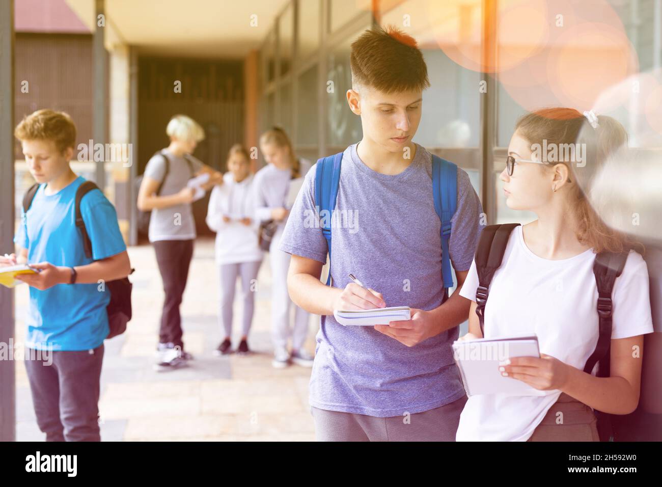 Two teenage students discussing near college building Stock Photo - Alamy