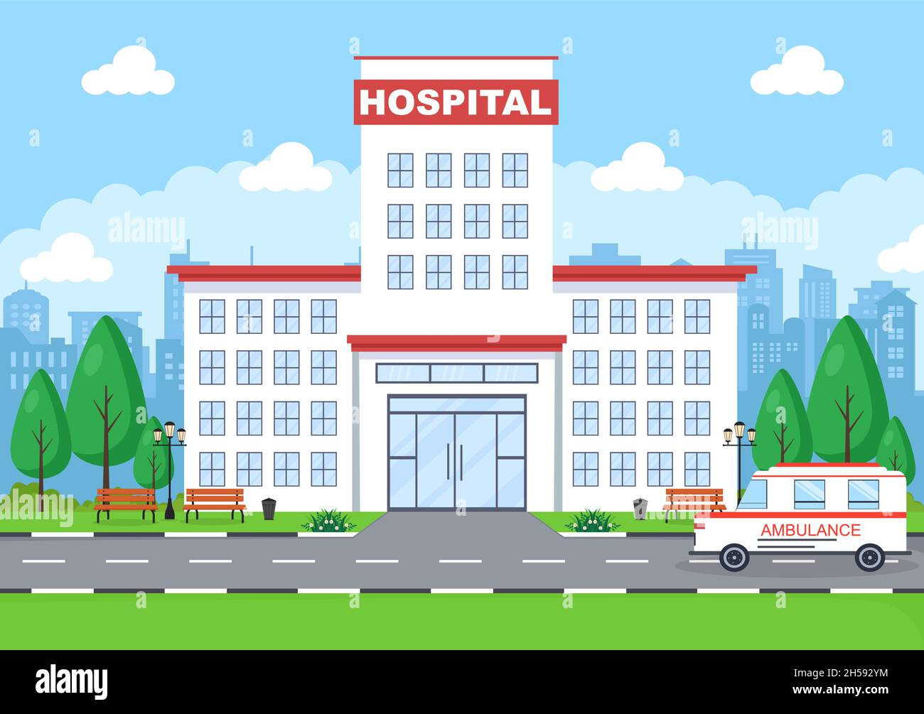 Hospital Building for Healthcare Cartoon Background Vector Illustration ...