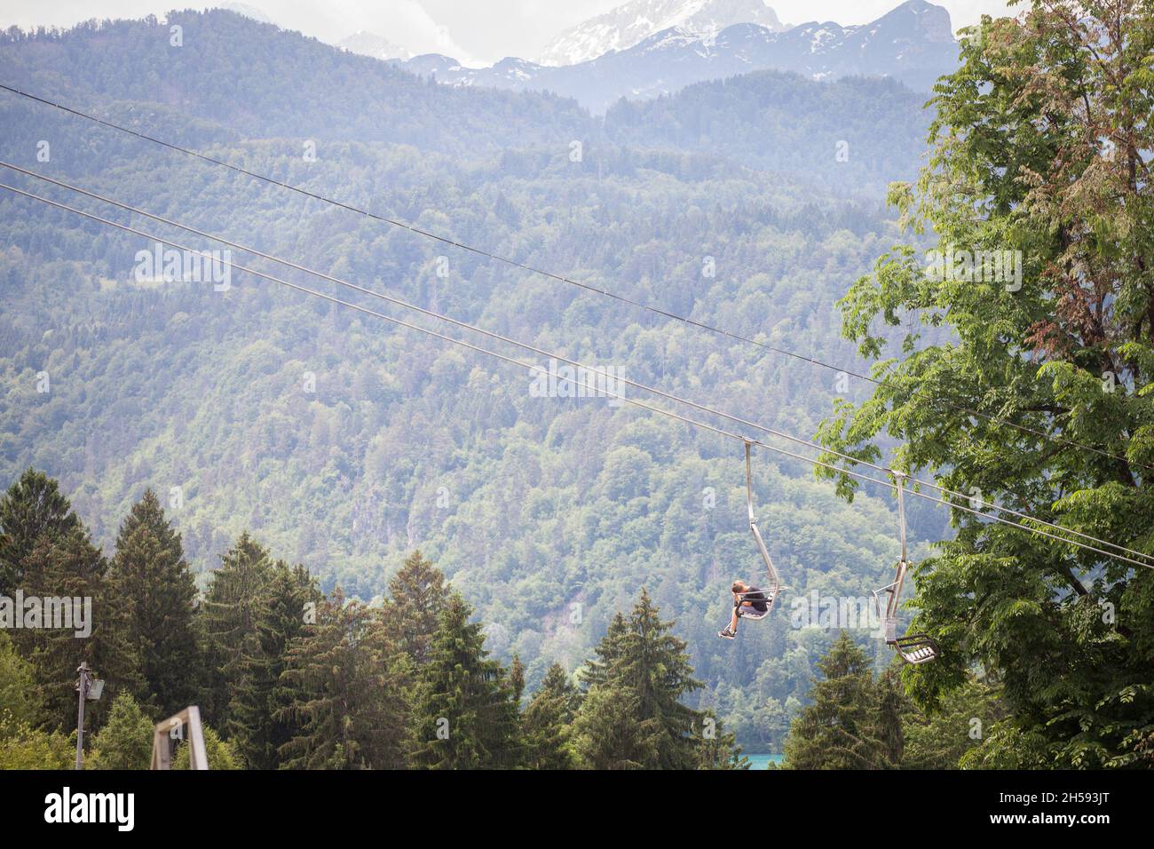 Picture of ski lifts in summer in Slovenia, in Bled, when there is no ...