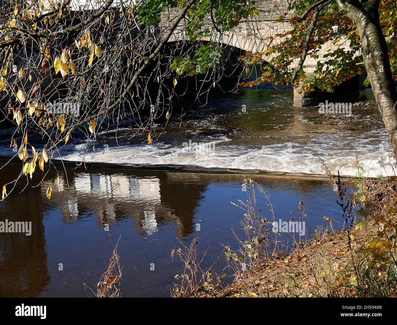 The River Calder from the bridge across it in Padiham Town Centre ...