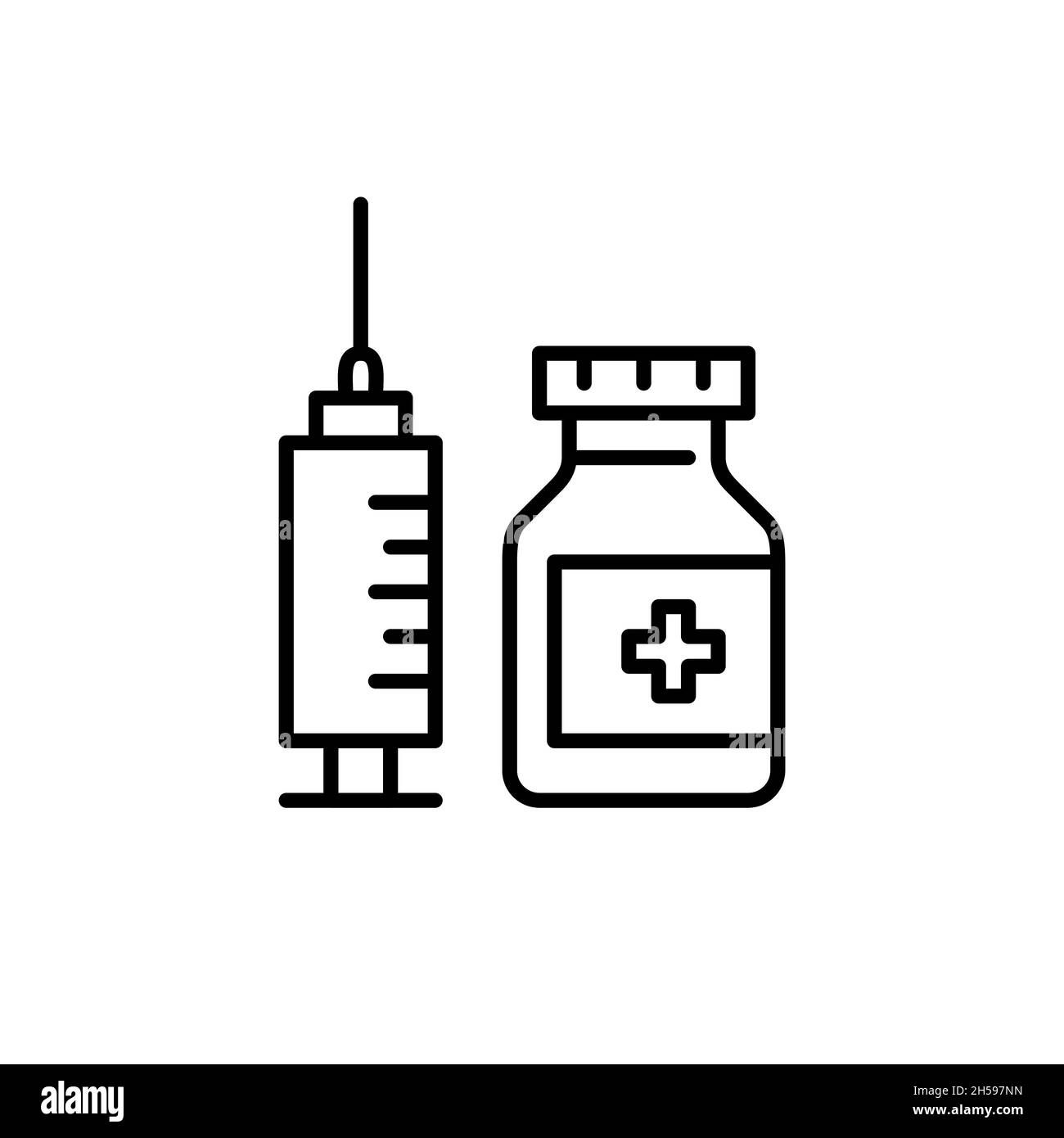 Vaccine icon. Syringe and medicine bottle with a cross. Pixel perfect ...