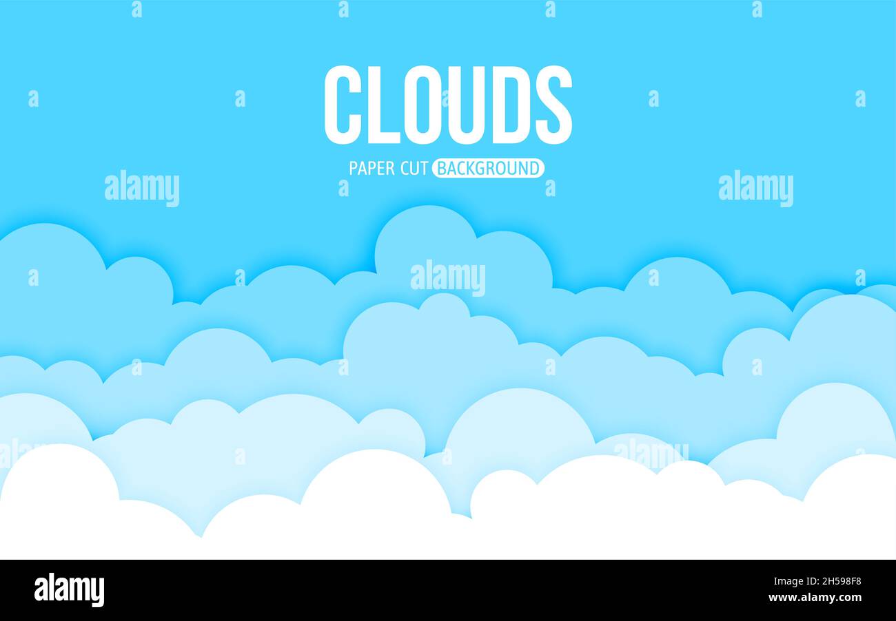 Cloud paper cut blue sky flat style. Cartoon volumetric splash ...
