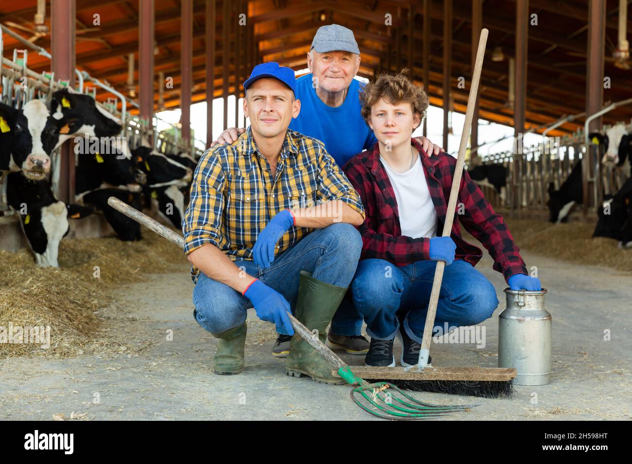 Milk farm workers in cowhouse Stock Photo - Alamy