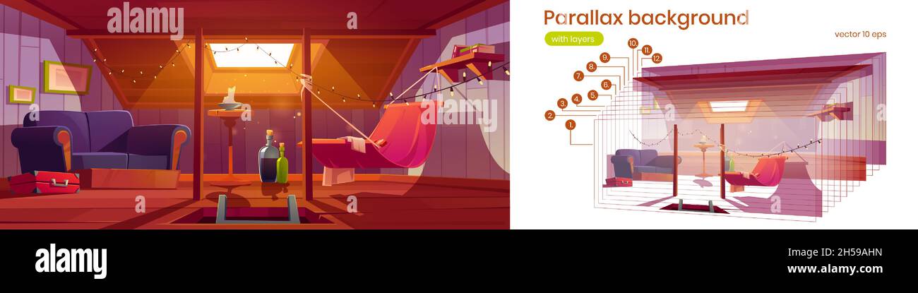 Cozy room on attic with hammock and sofa. Vector parallax background ...