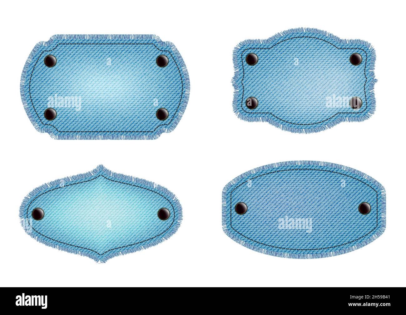 Set of blue denim patches with stitch, rivets and fringe. Light blue ...