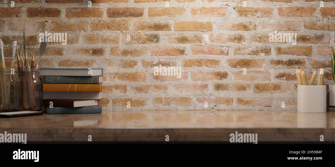 Vintage marble working table with painting tools, books and empty space ...