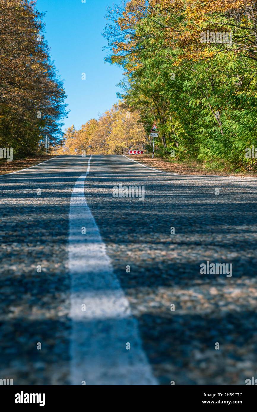 A white line of markings on an asphalt highway. Along the edges of the ...