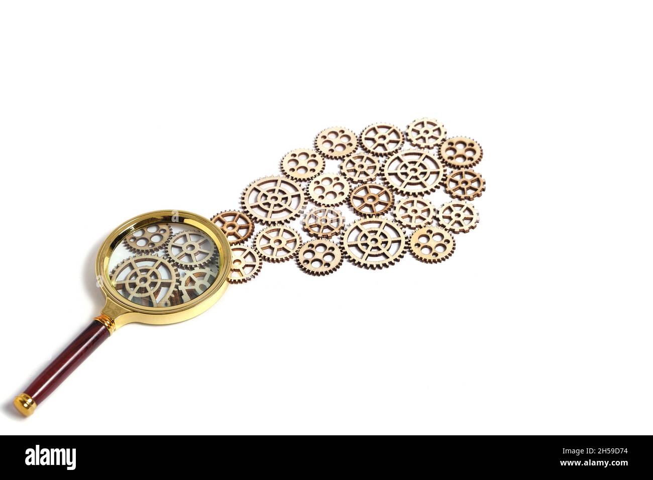 Magnifier with gears on a white background.The concept of learning ...