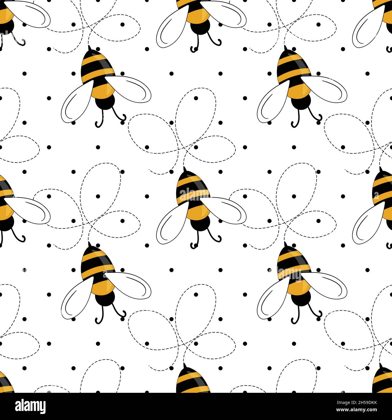 Seamless pattern with bees on white polka dots background. Small wasp ...