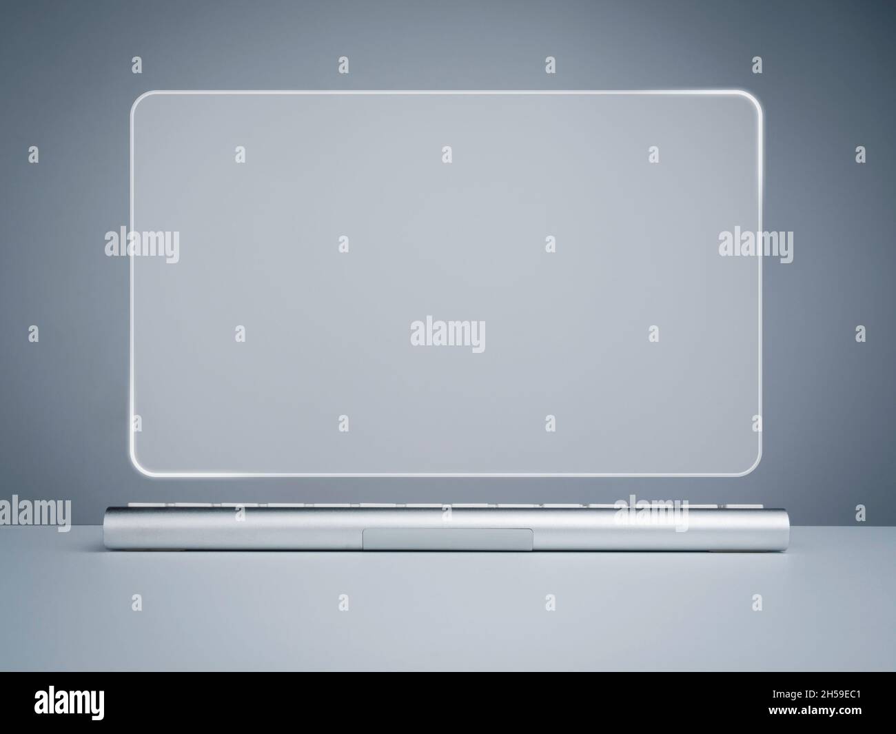 Blank virtual screen desktop monitor and modern silver keyboard on ...