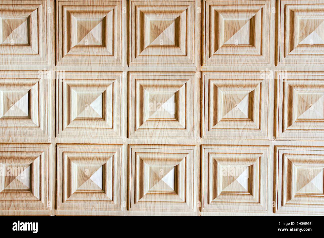 View of a decorated wooden ceiling with a pattern, squares and ...