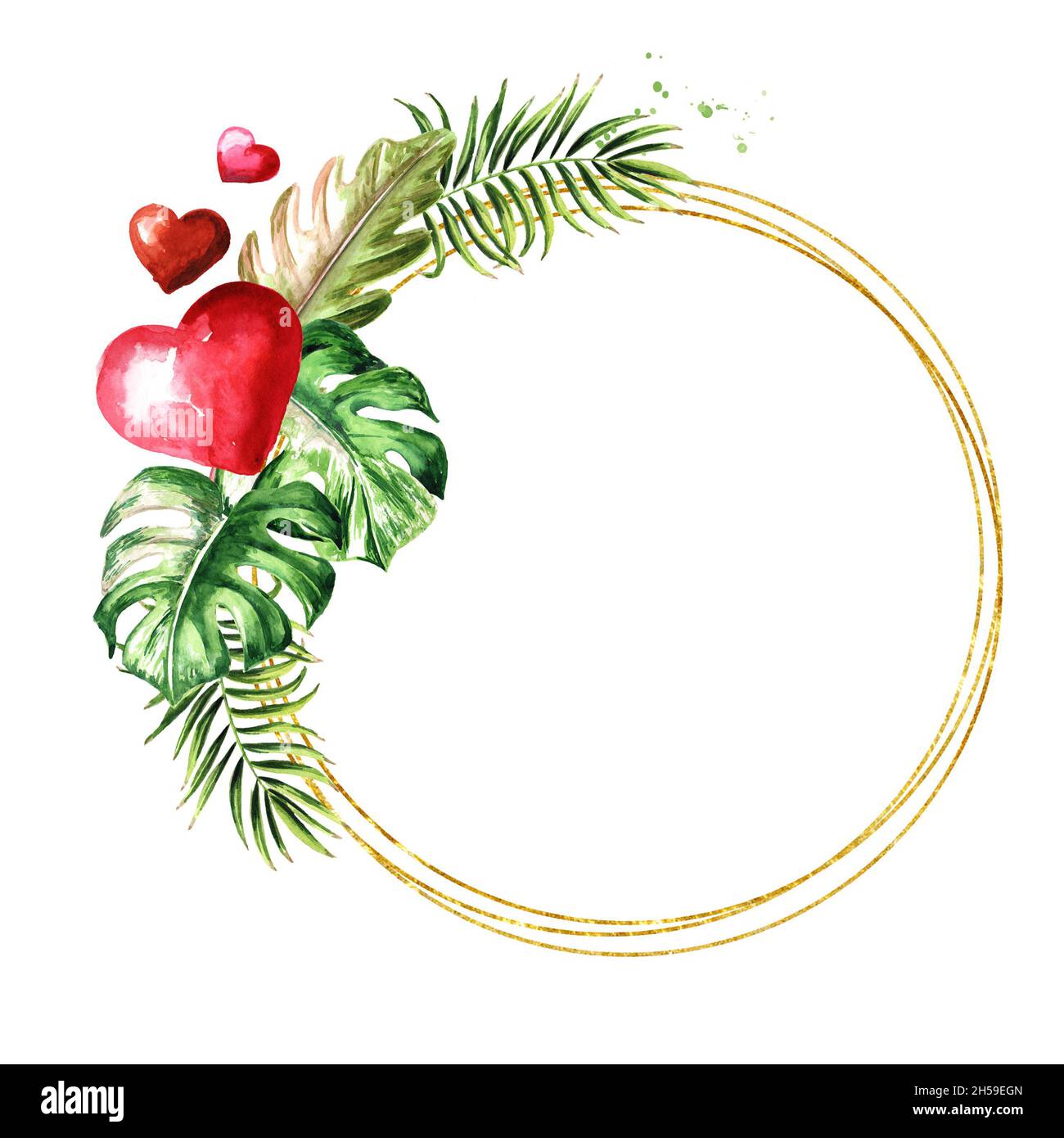 Valentines Day frame, Greeting card concept. Watercolor hand drawn ...