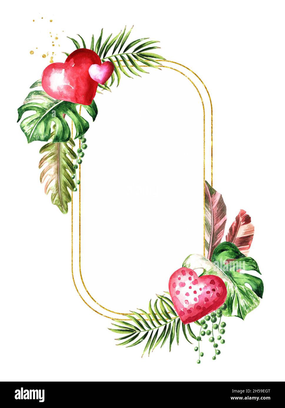 Valentines Day frame, Greeting card concept. Watercolor hand drawn ...