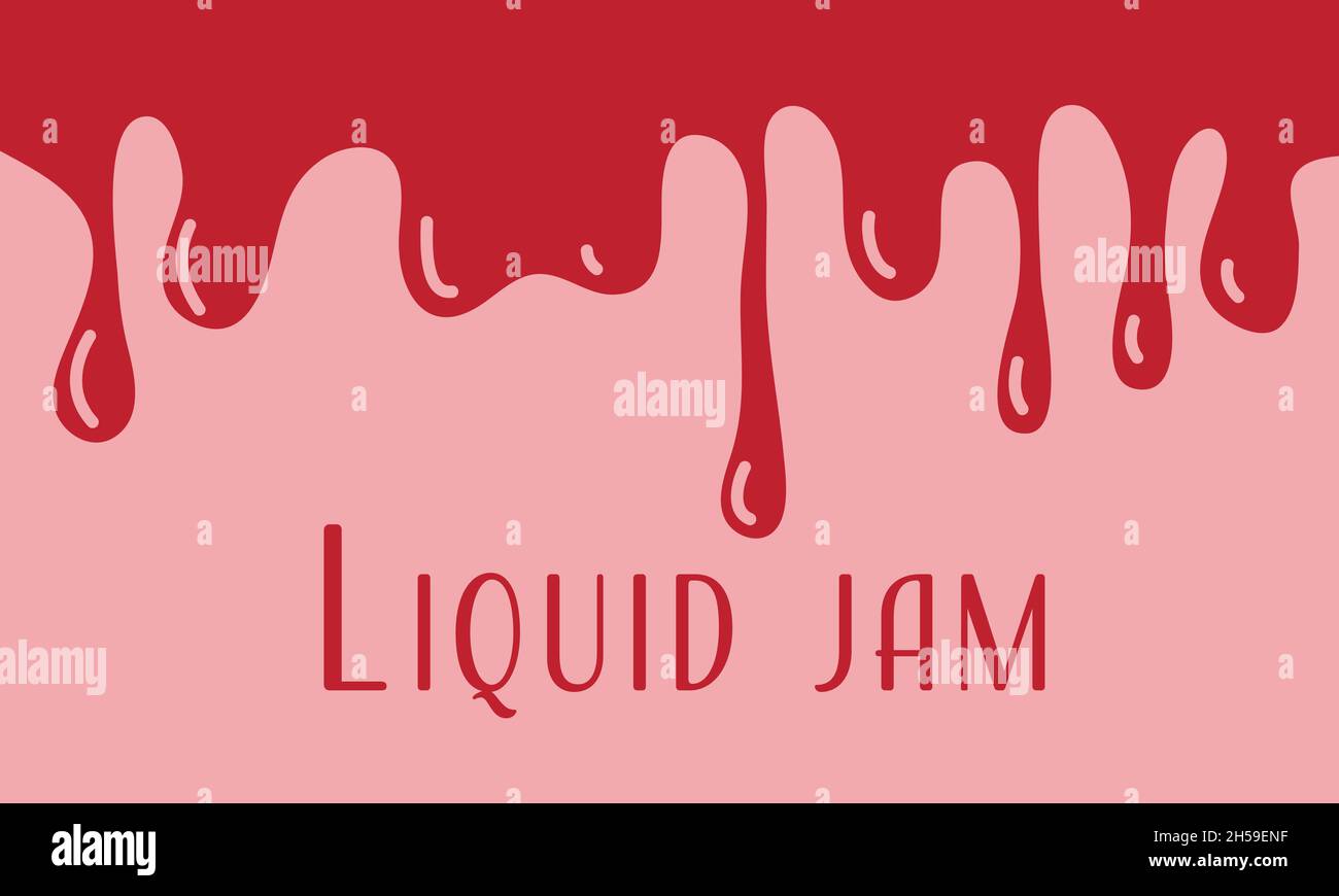 Flowing syrup jam, thick liquid drips, flat design background red pink ...
