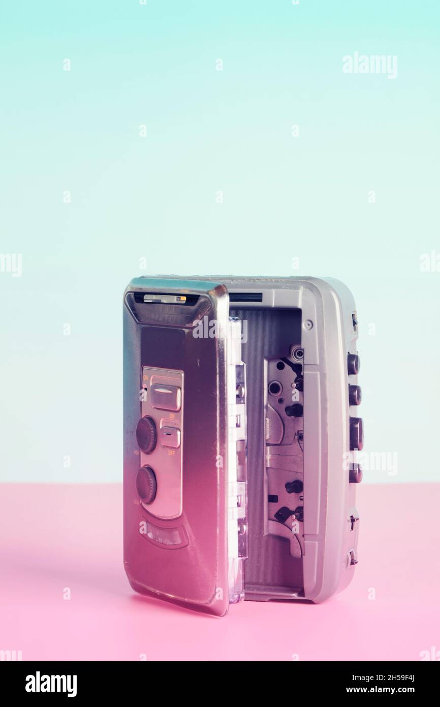 Old audio player with cassette on neon color. retro style. vintage ...