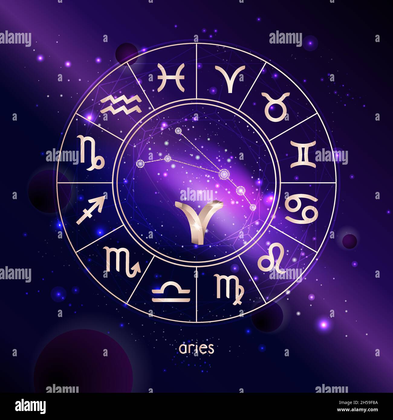 Vector illustration of 3D sign and constellation ARIES with Horoscope ...