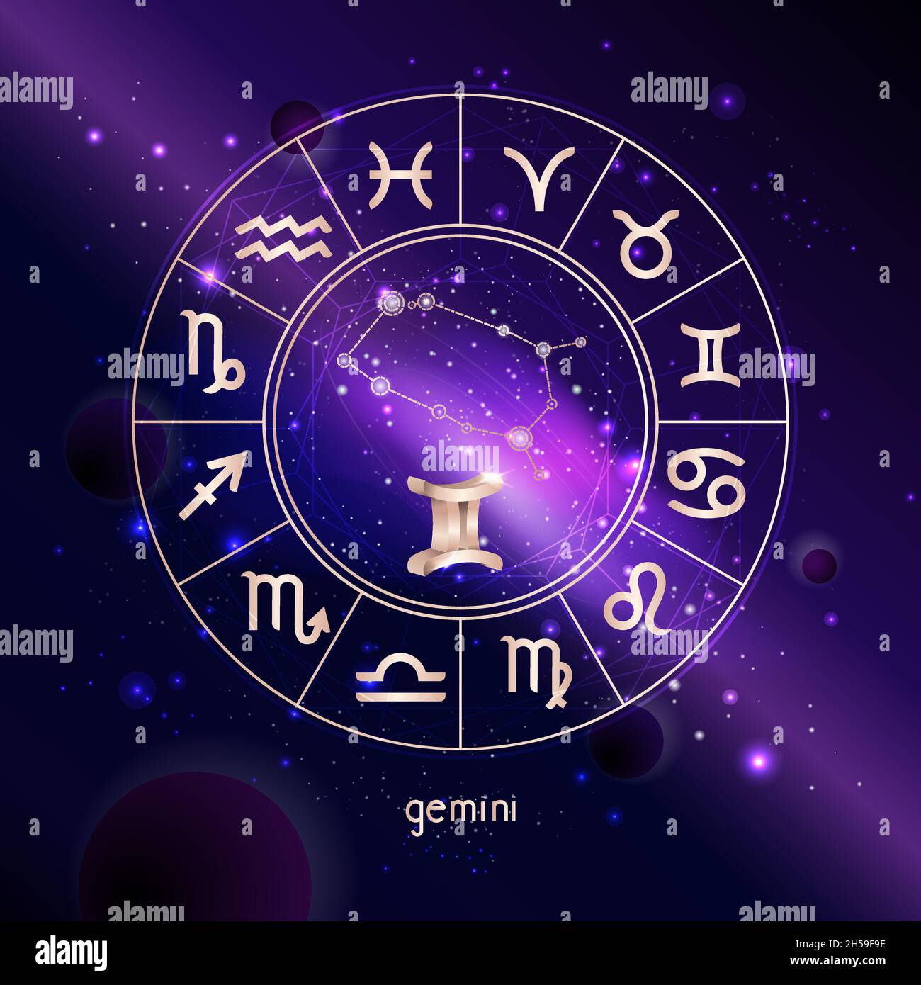 Vector illustration of 3D sign and constellation GEMINI with Horoscope ...