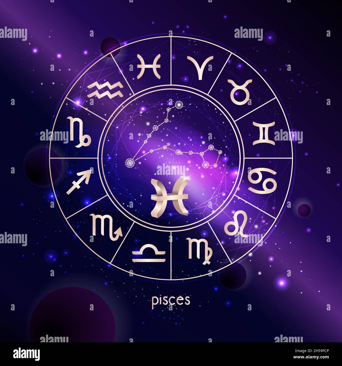 Vector illustration of 3D sign and constellation PISCES with Horoscope ...