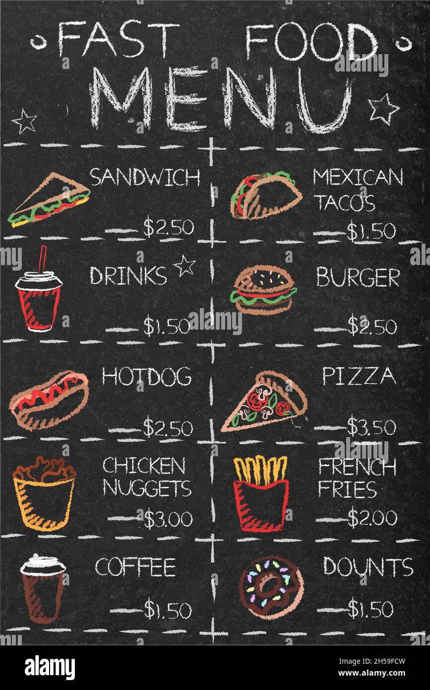 Blackboard with fastfood menu in cafe or restaurant. Sign menu coffee ...