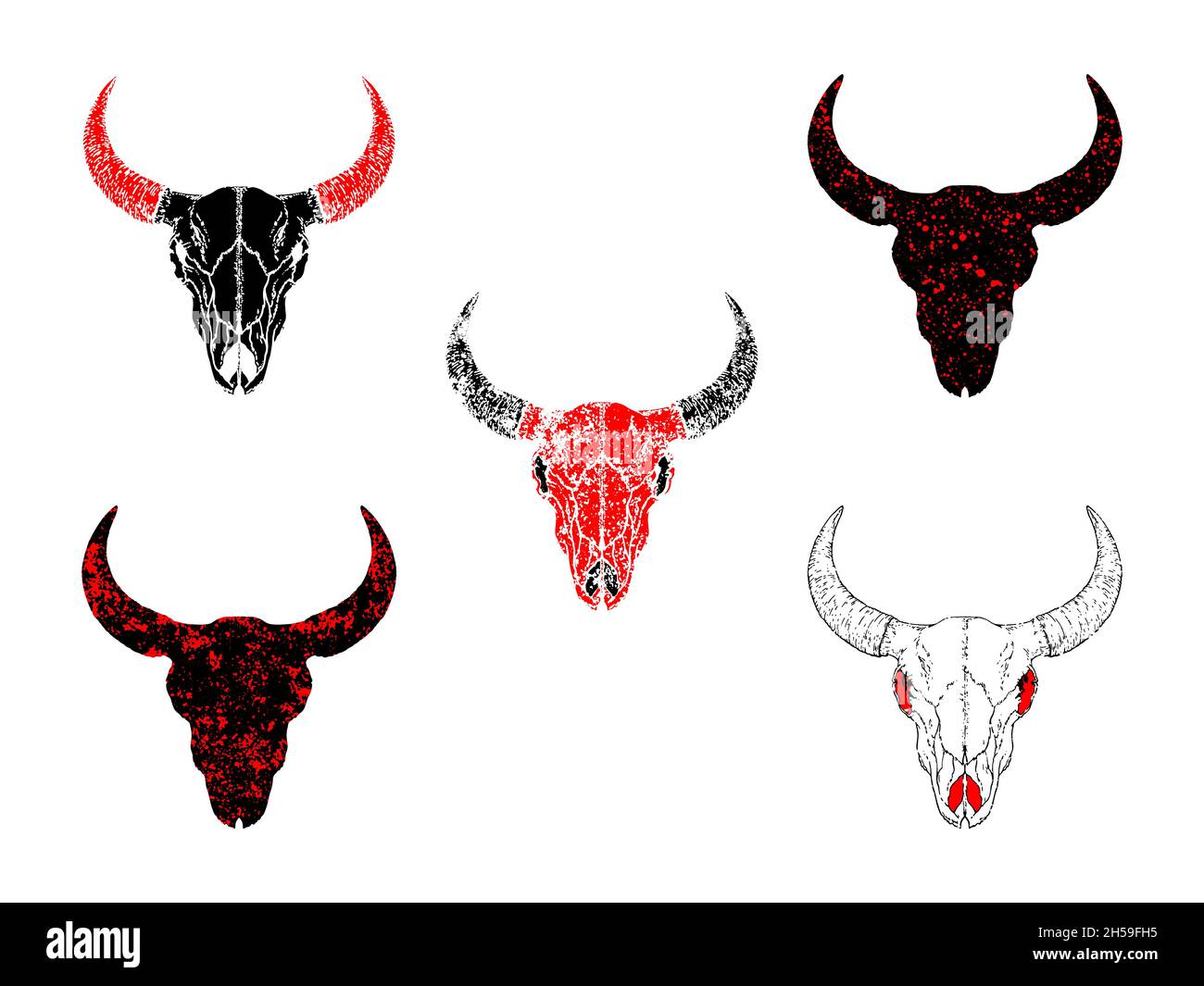 Vector set of hand drawn skulls bull with grunge elements in different ...