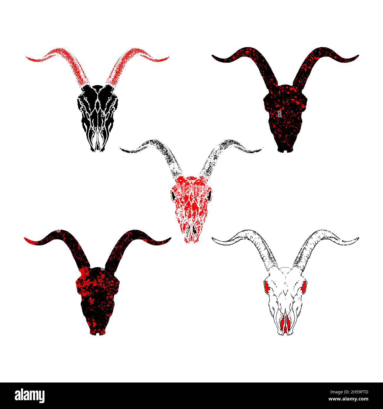 Vector set of hand drawn skulls goat with grunge elements in different ...
