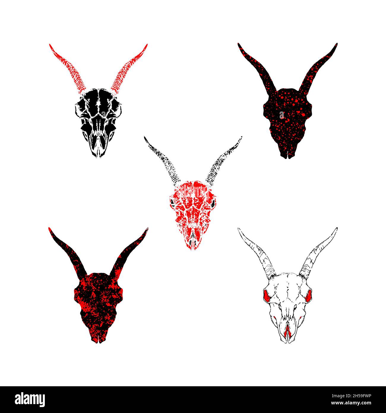 Vector set of hand drawn skulls goat with grunge elements in different ...