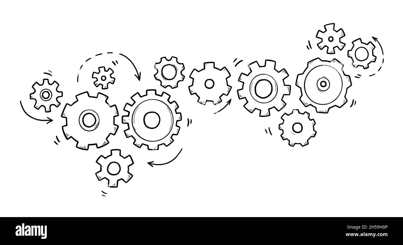 Hand drawn gear set. Doodle sketch style gear mechanism. Concept of ...