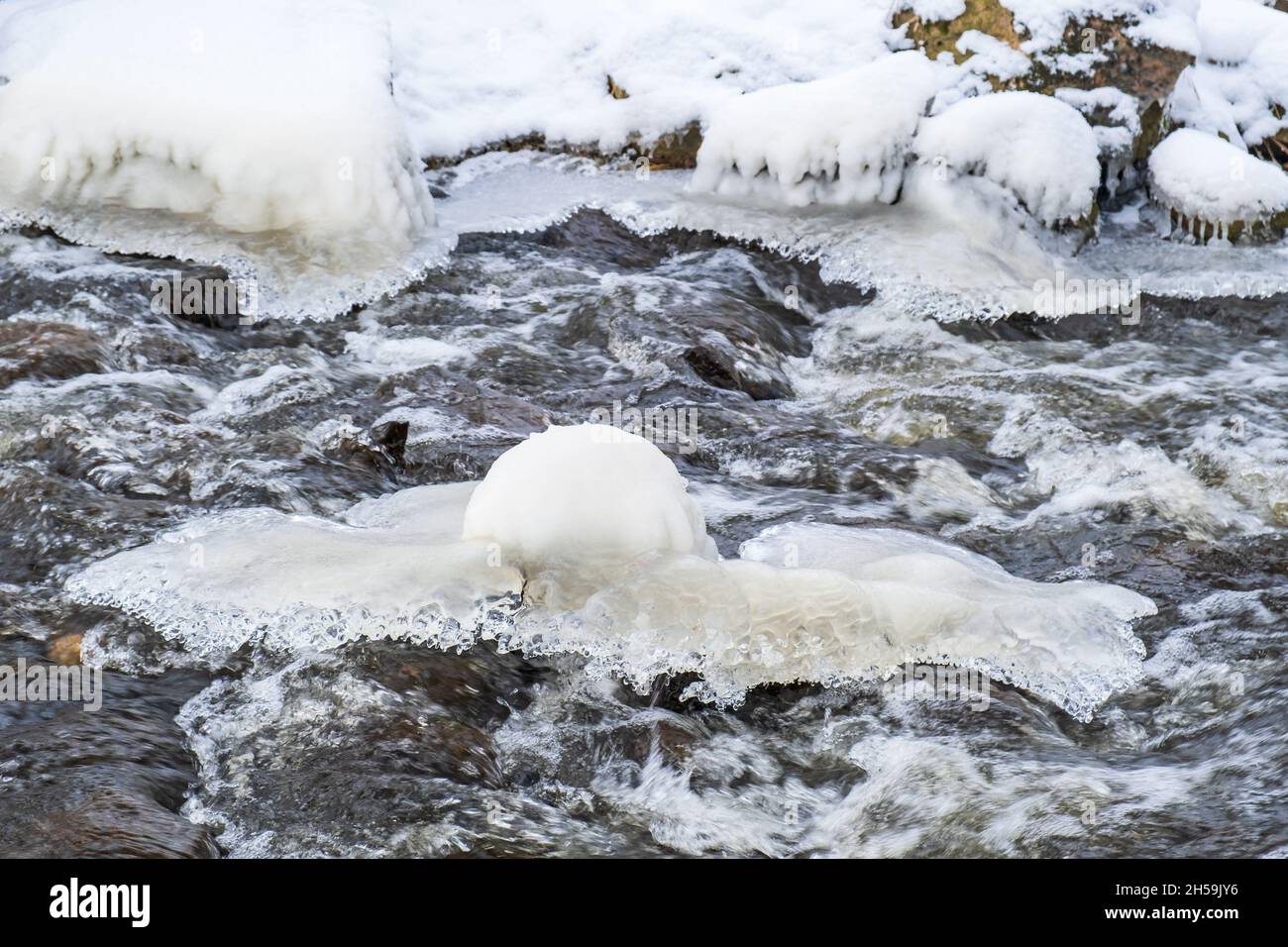 Ice floes floating in stream Stock Photo - Alamy