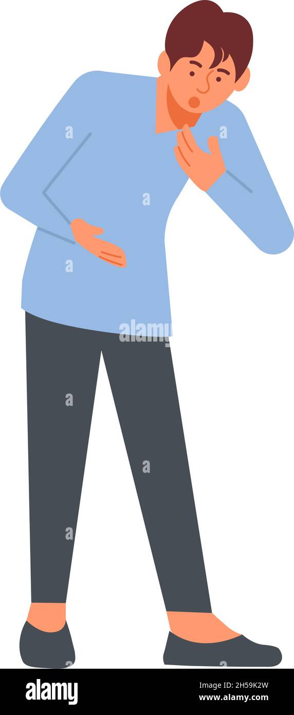 Sick vomiting man is standing. Character suffering from nausea, vomit ...