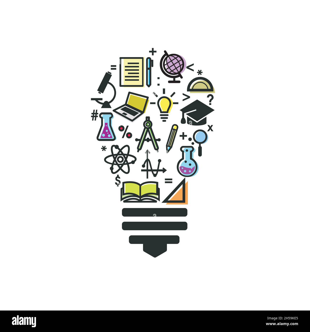 Light bulb and educational supplies. Creative thinking, e-learning. Back to school, education ...