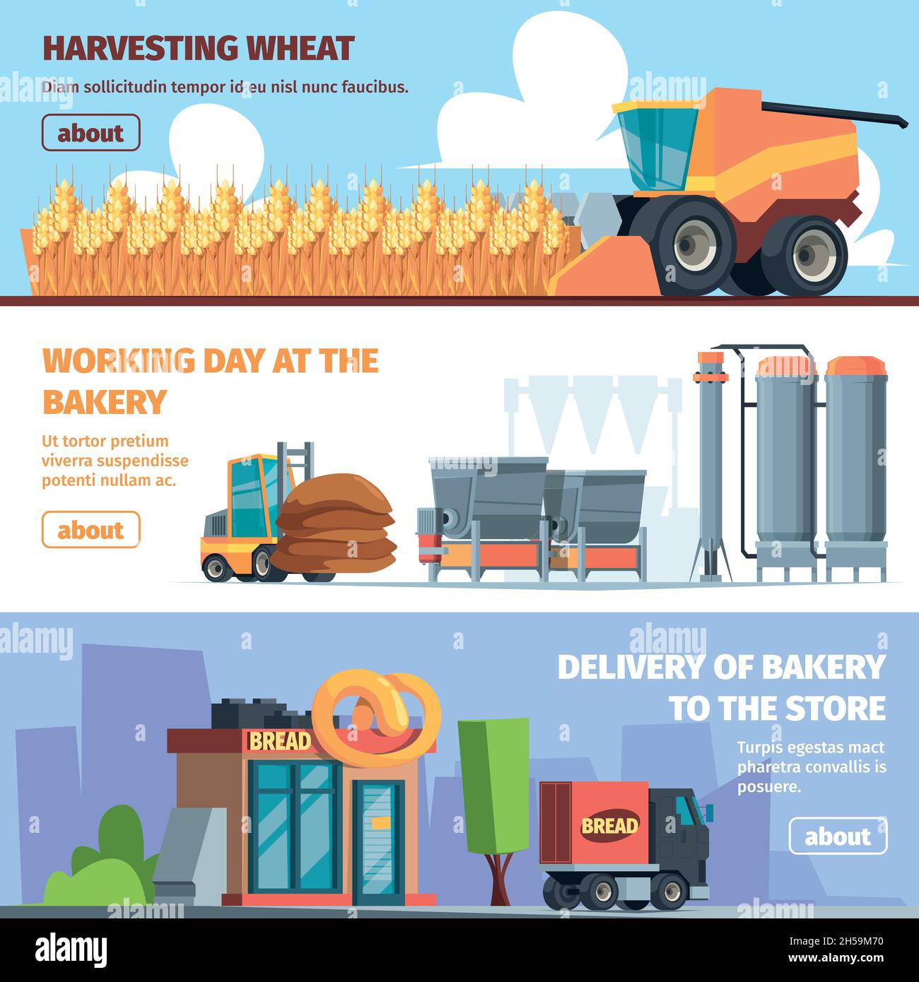 Bread production banners. Rural farming vehicles and windmill ...