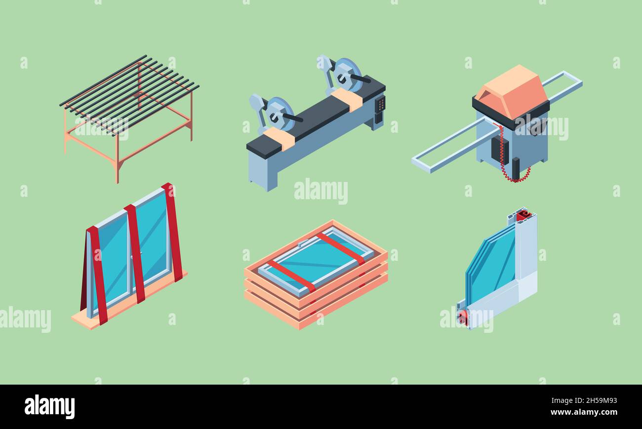 Window installation. Isometric worker interior renovation with plastic ...