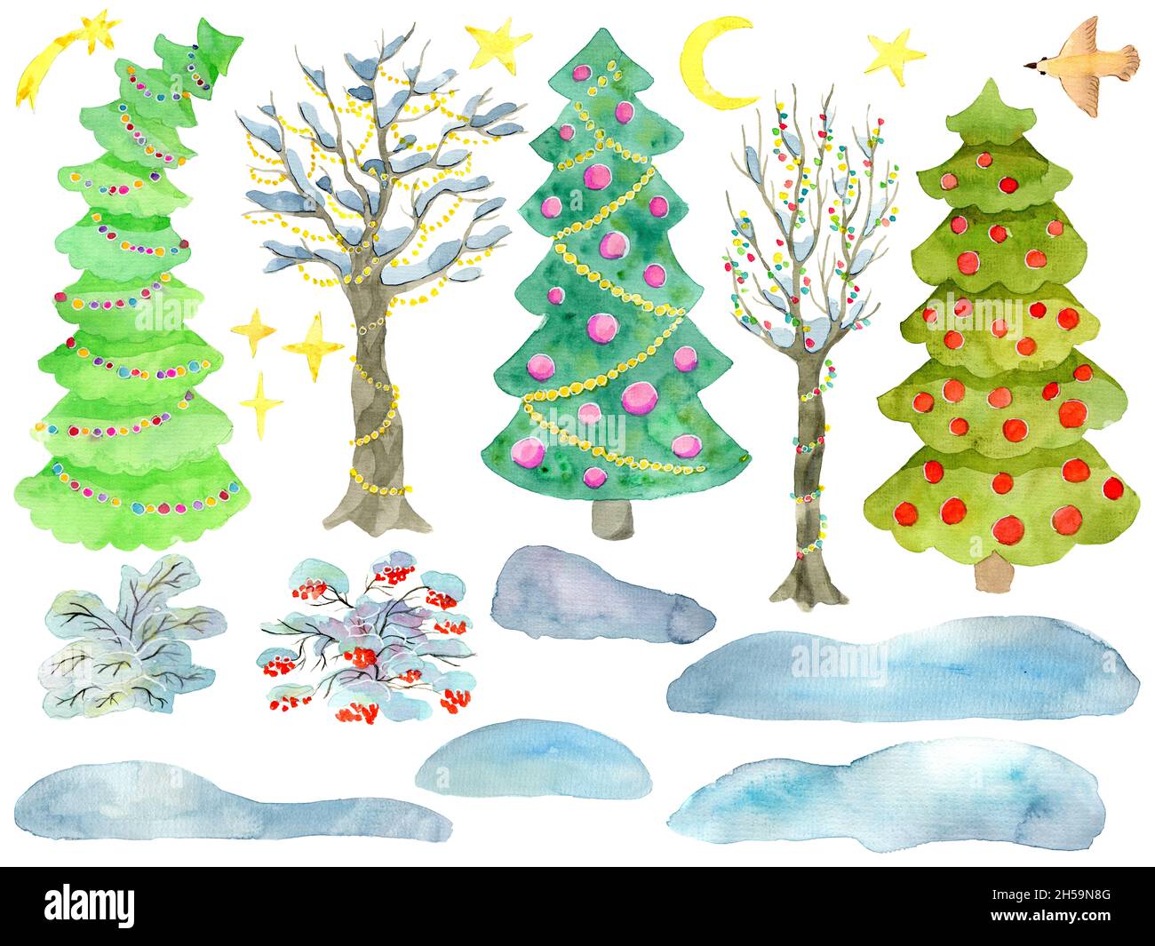 Design nature set with winter trees, decorated conifers, shrubs with ...