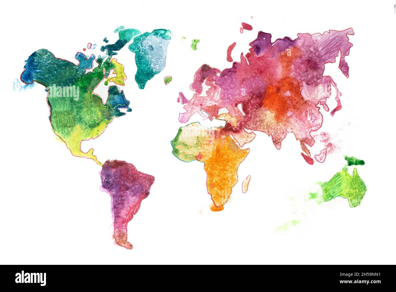 Watercolour map of the world Cut Out Stock Images & Pictures - Alamy