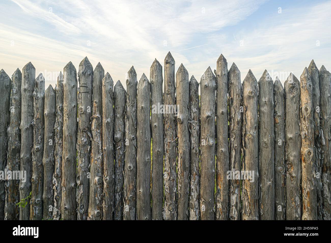 Wooden palisade made of logs with sharp stakes in the ground Stock Photo - Alamy