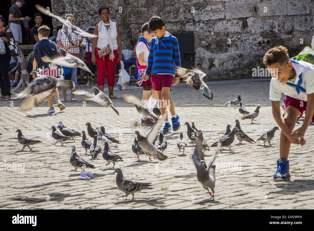 H, CUBA - Nov 03, 2017: Cuban children playing with pigeons in the ...