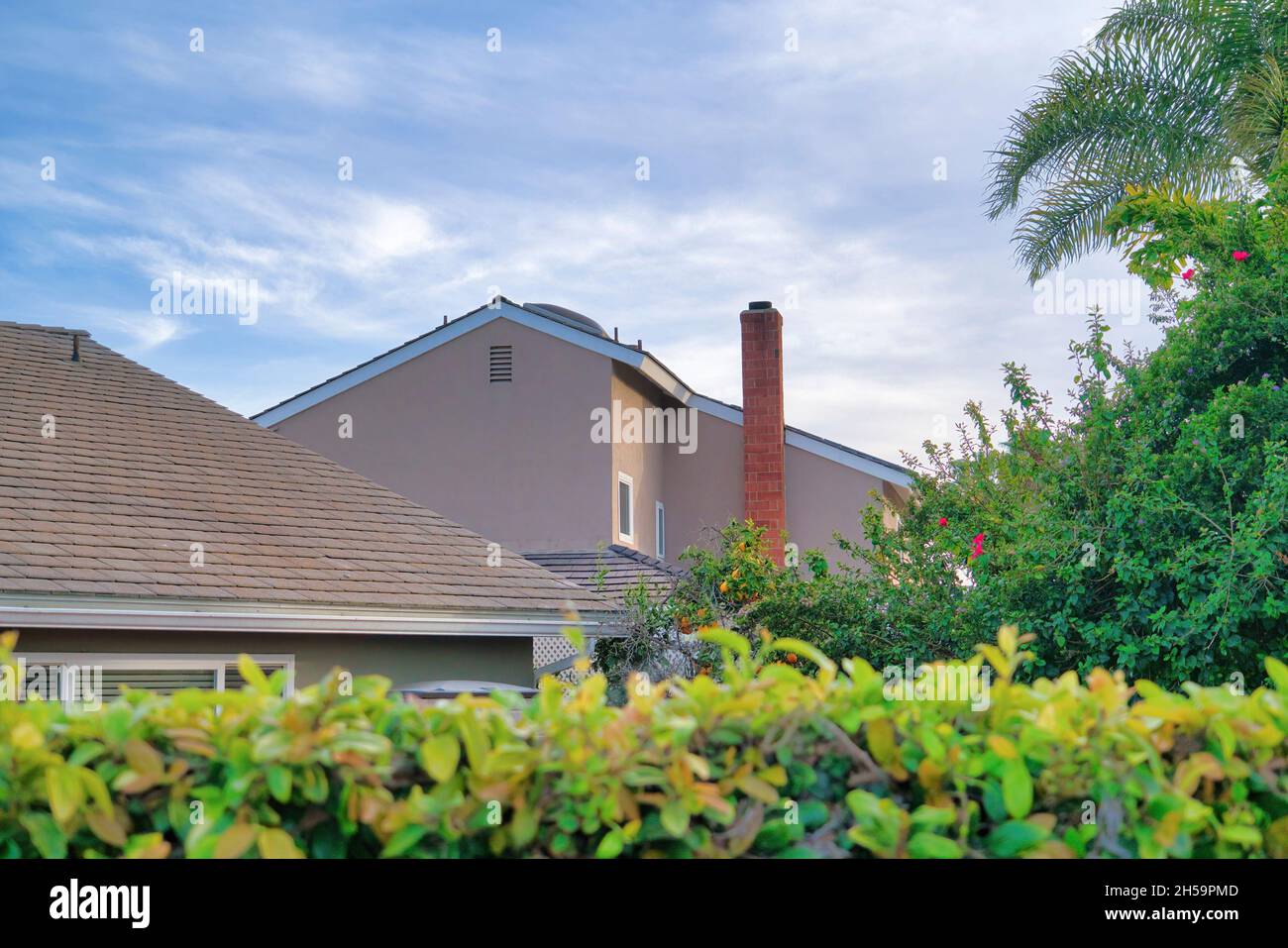 Two houses with shrubs and trees outdoor at Southern, California Stock ...