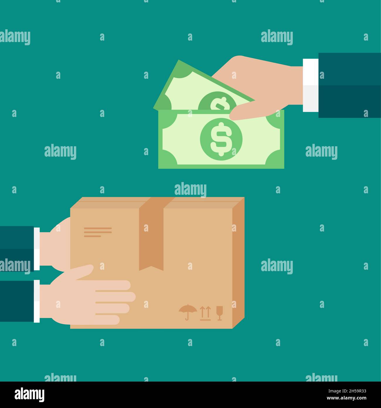 Courier hands gives parcel to customer with money. Delivery box ...