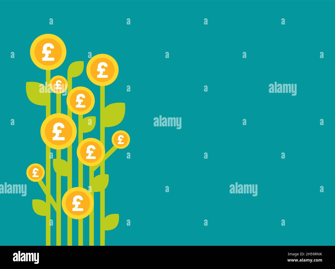 Green bamboo plant with gold pound sterling coins. Money tree on blue ...