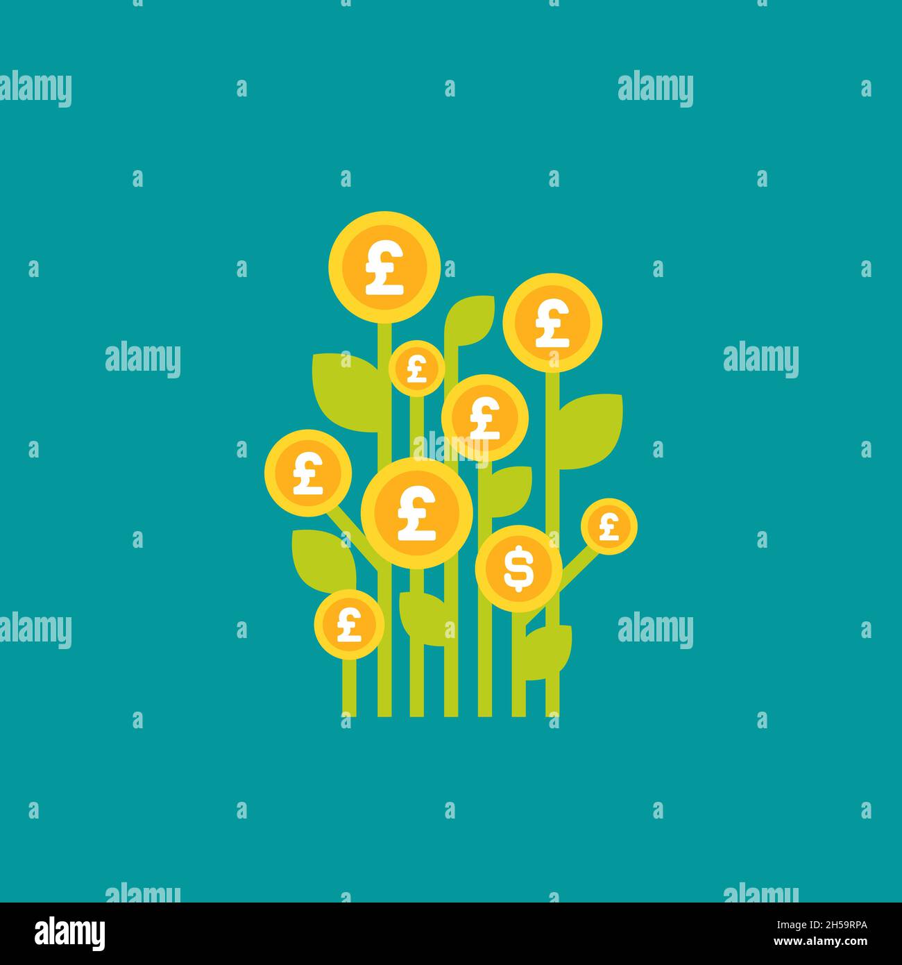 Green bamboo plant with gold pound sterling coins. Money tree on blue ...