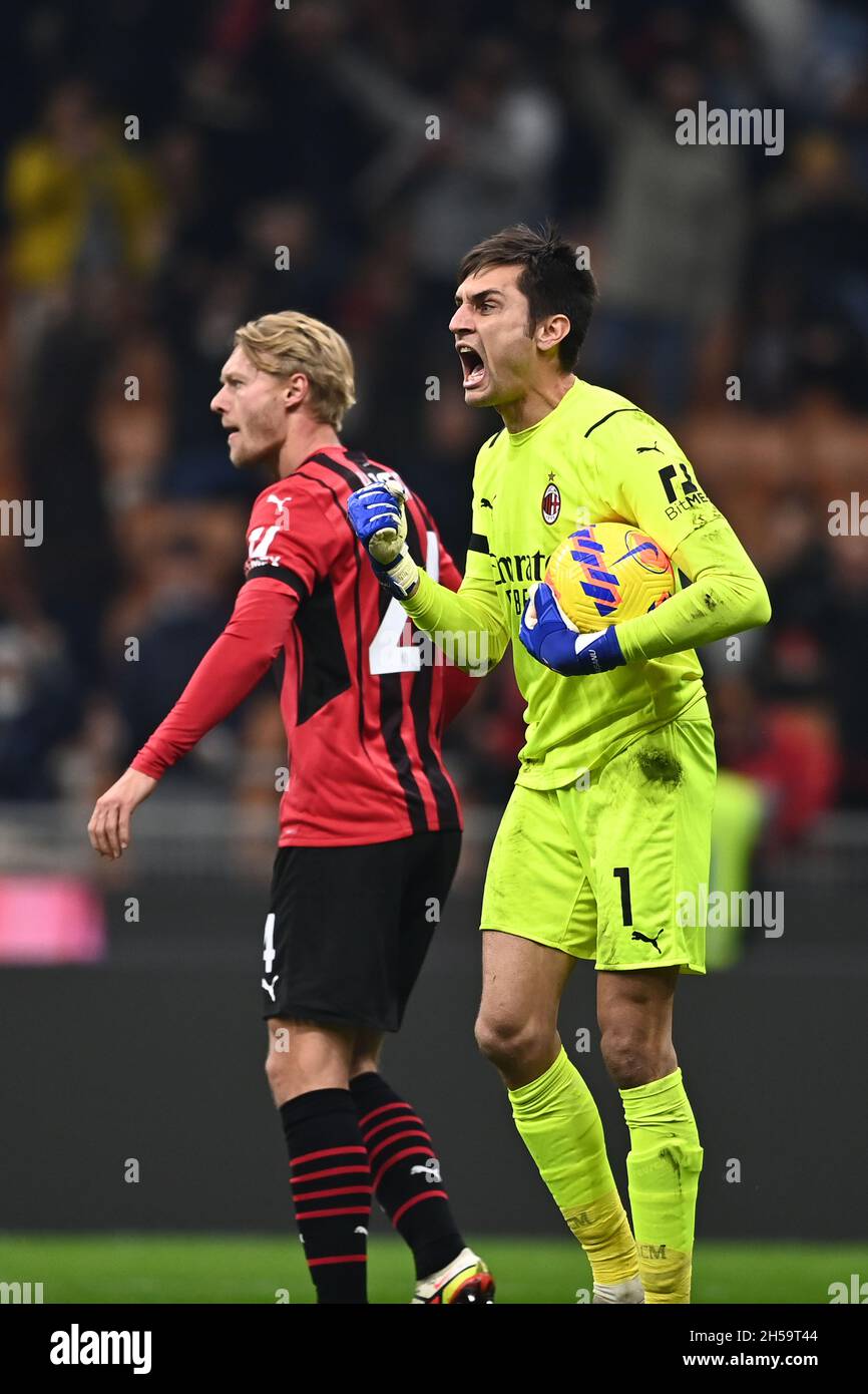 Milan, Italy. 7th November, 2021. Ciprian Tatarusanu (Milan)Simon Kjaer ...