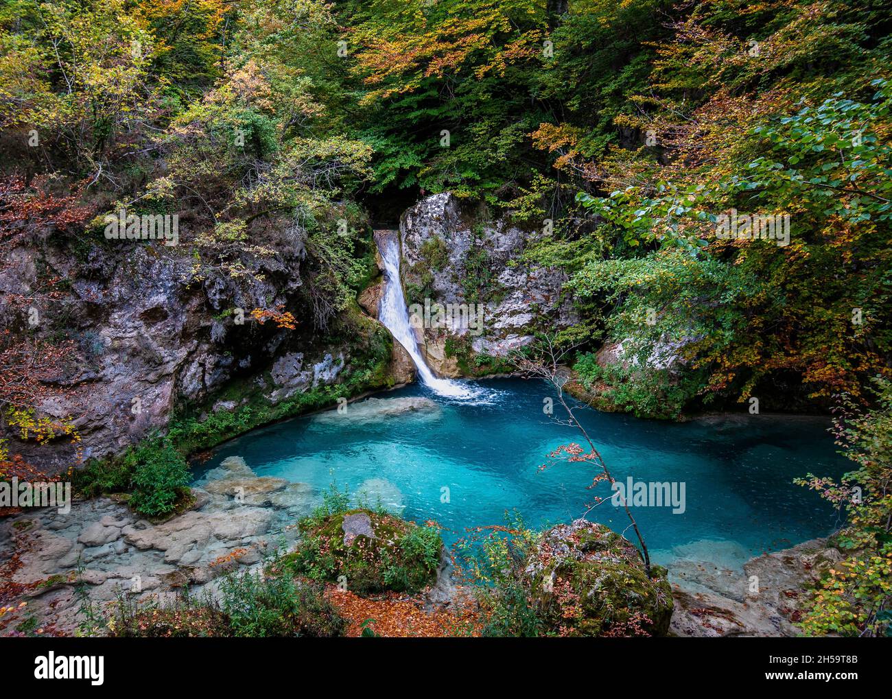 Forest turquoise blue lake with white marble stones and waterfalls in ...