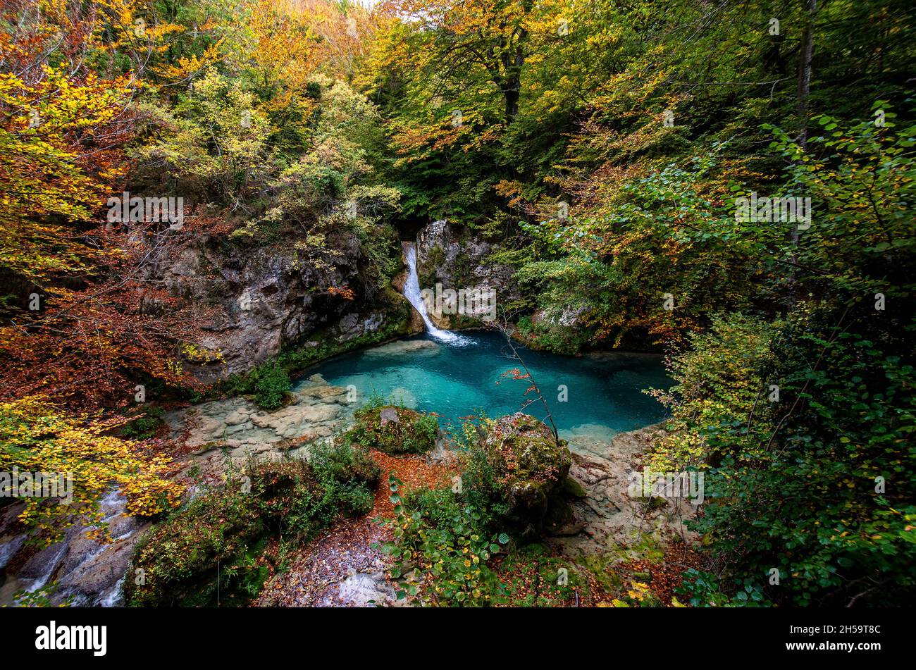 Forest turquoise blue lake with white marble stones and waterfalls in ...