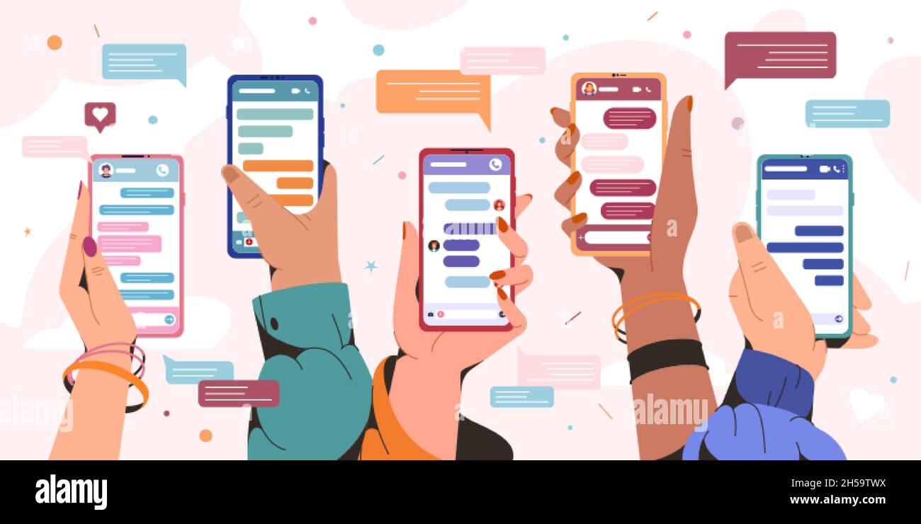 Hands holding smartphones with message chart. People chatting with ...