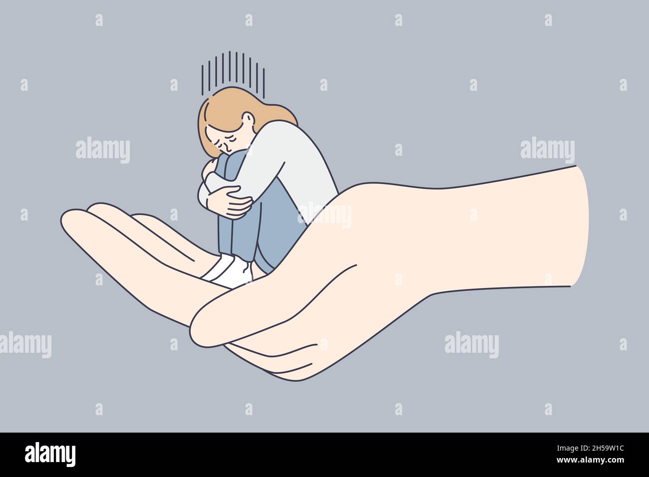 Helping hand and depression concept. Huge human hand holding tiny ...