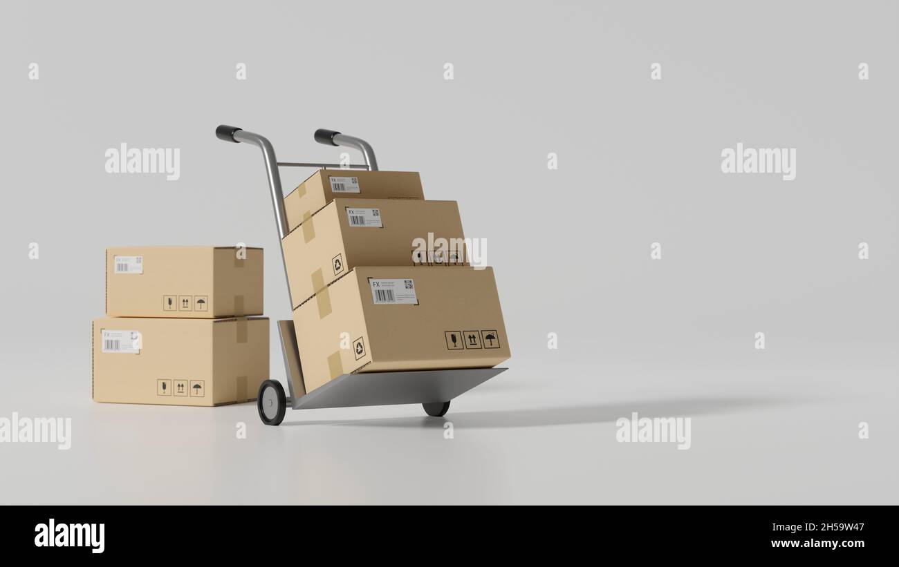 Stack of parcel boxes and parcel boxes on trolley cart. Delivery and ...